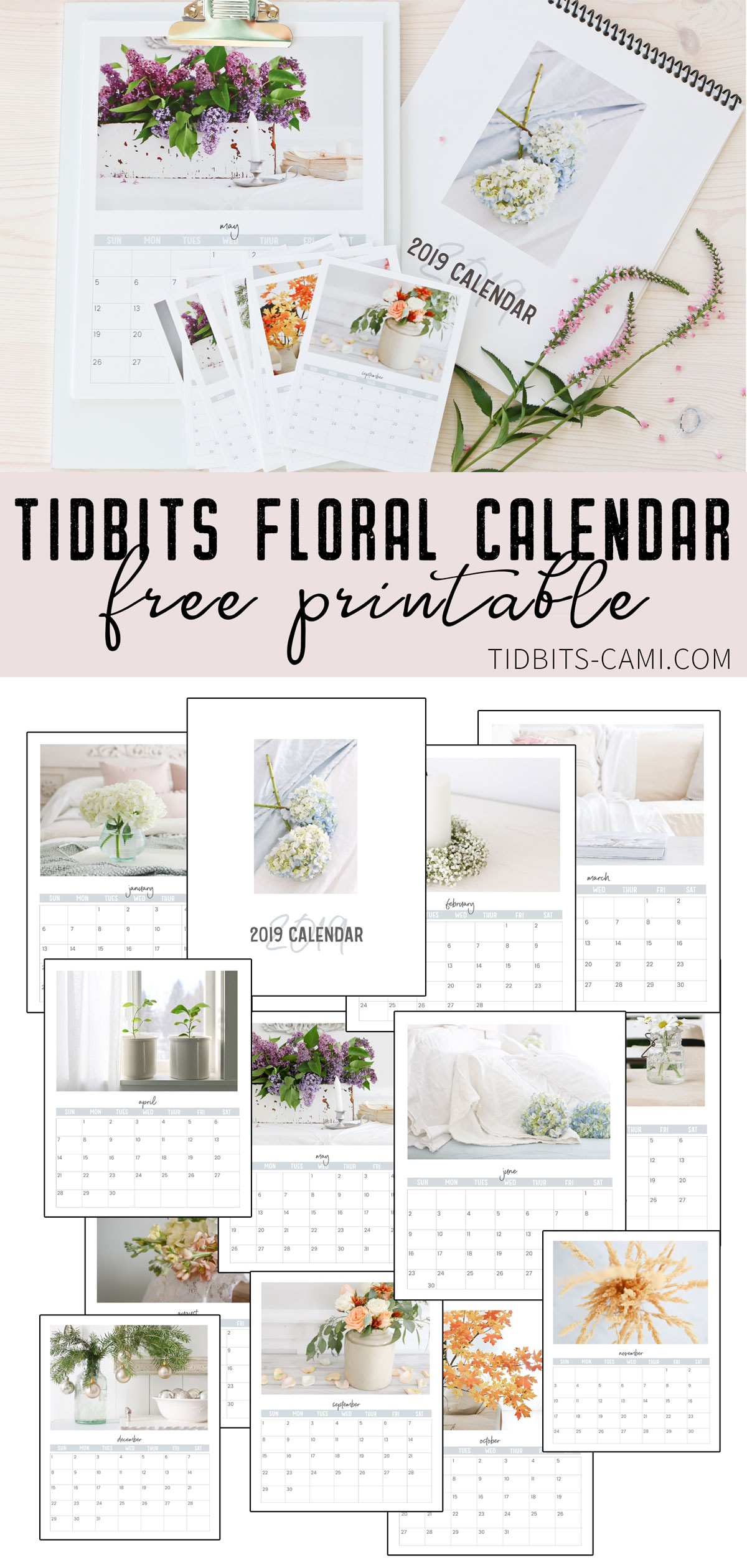 2019 TIDBITS Floral Calendar Free Printable - Tidbits
